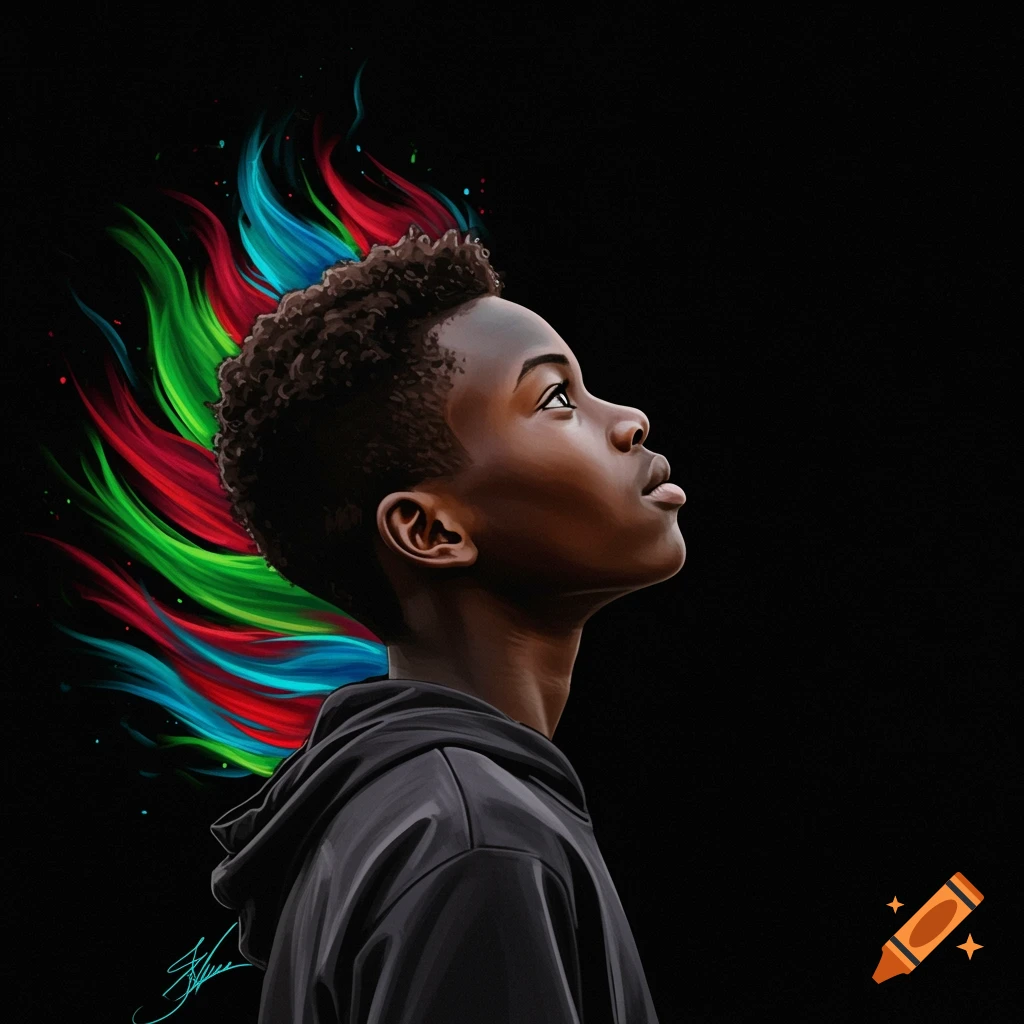 Black teenager looking at green, red, and blue colors on Craiyon