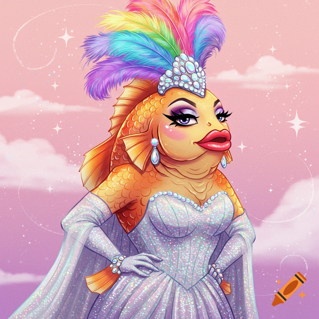 A fish character in drag wearing a sparkly dress and large feathered ...