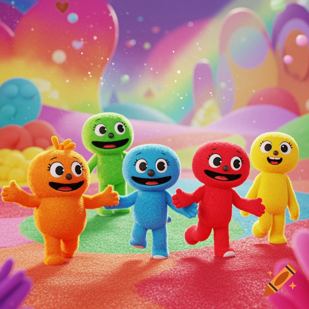 A vibrant illustration shows CoComelon and Teletubbies characters playing together in a sunny ...