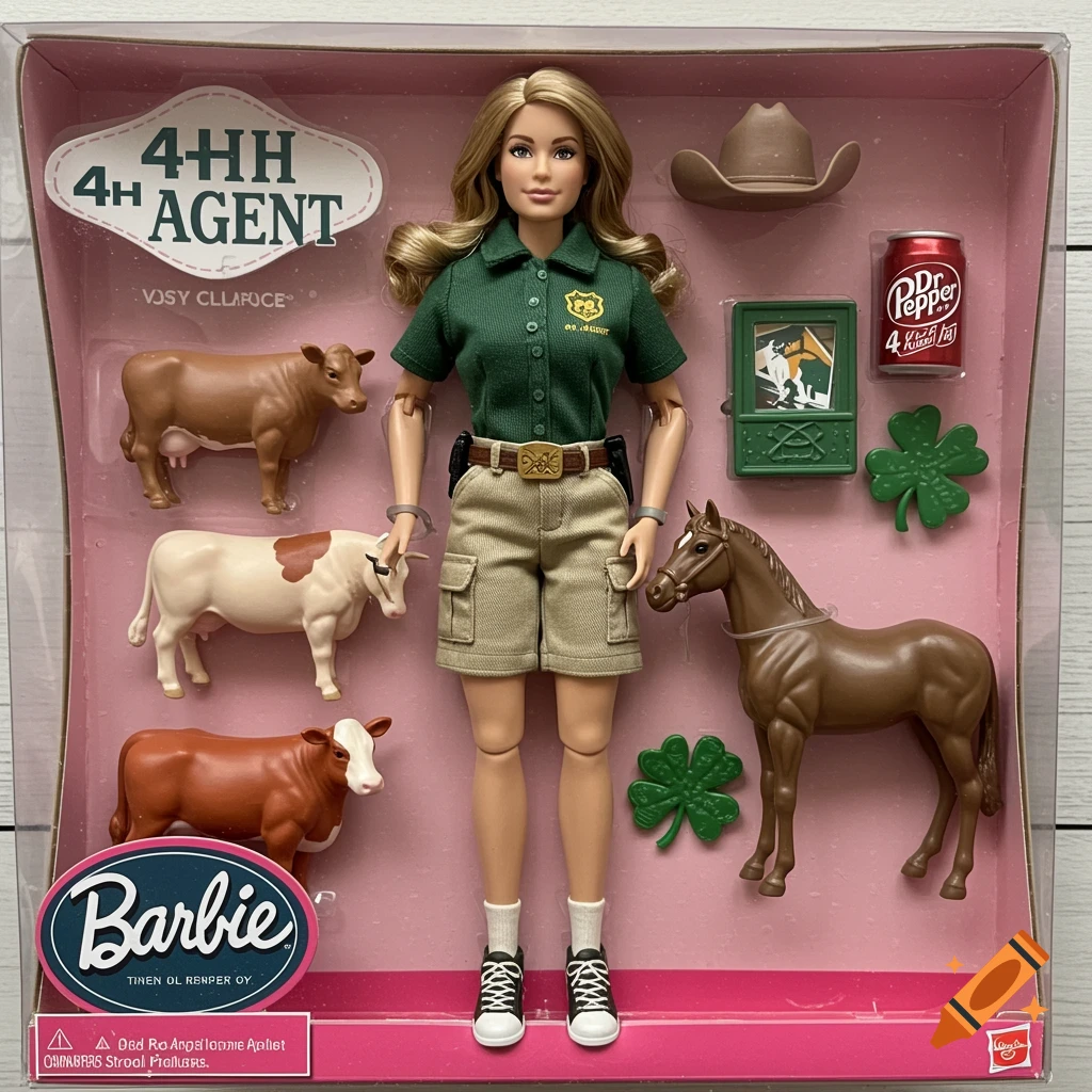 Barbie 4-H Agent doll in box with cows, horse, Dr. Pepper, hat, and ...