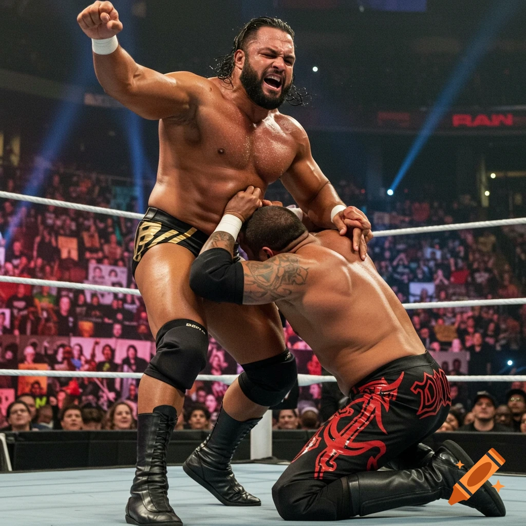 Two male wrestlers in a ring during a match, one lifting the other. on ...