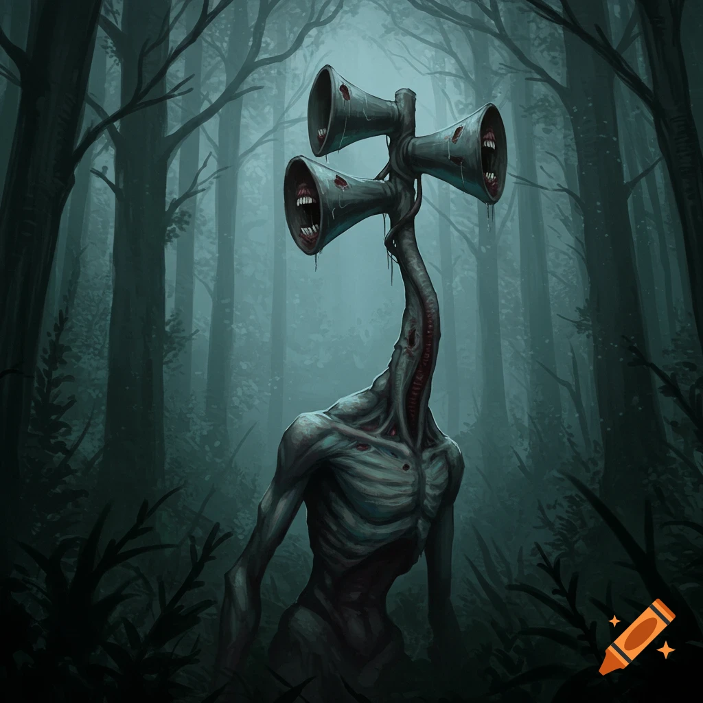 The monstrous Siren Head creature stands in a dark, foggy forest. on ...
