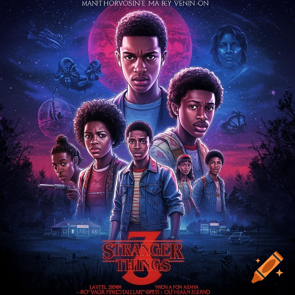 A dark, stylized poster for Stranger Things 5, featuring characters ...