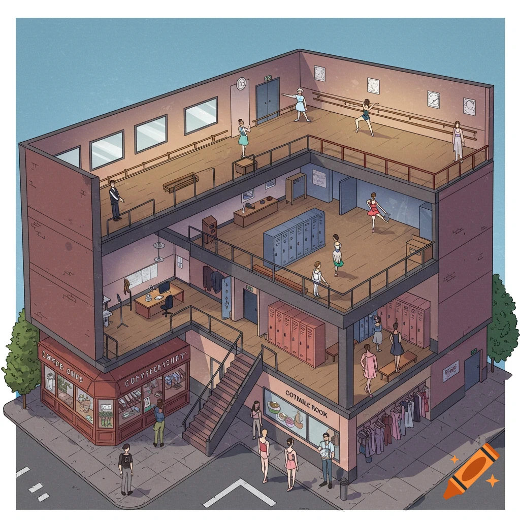 Isometric illustration of a building cross-section showing ballet studios, offices, locker rooms ...