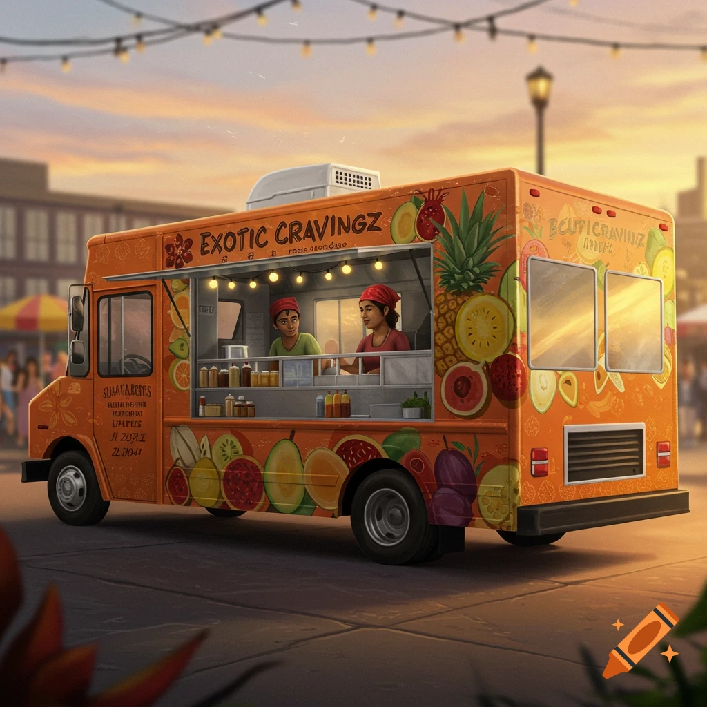 An orange food truck decorated with fruit, with two people inside ...