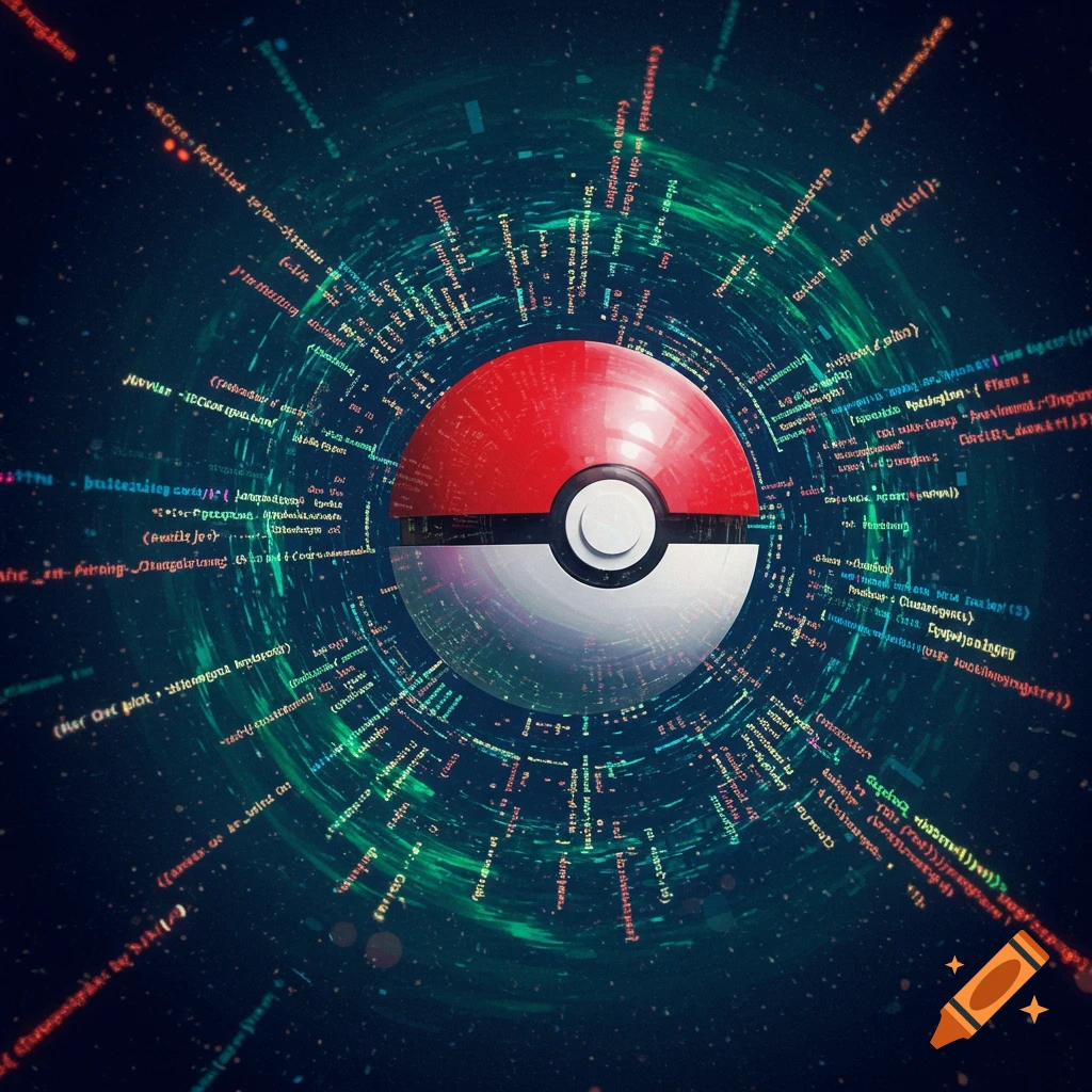 A Pokeball centered in a vortex of glowing green and orange digital ...
