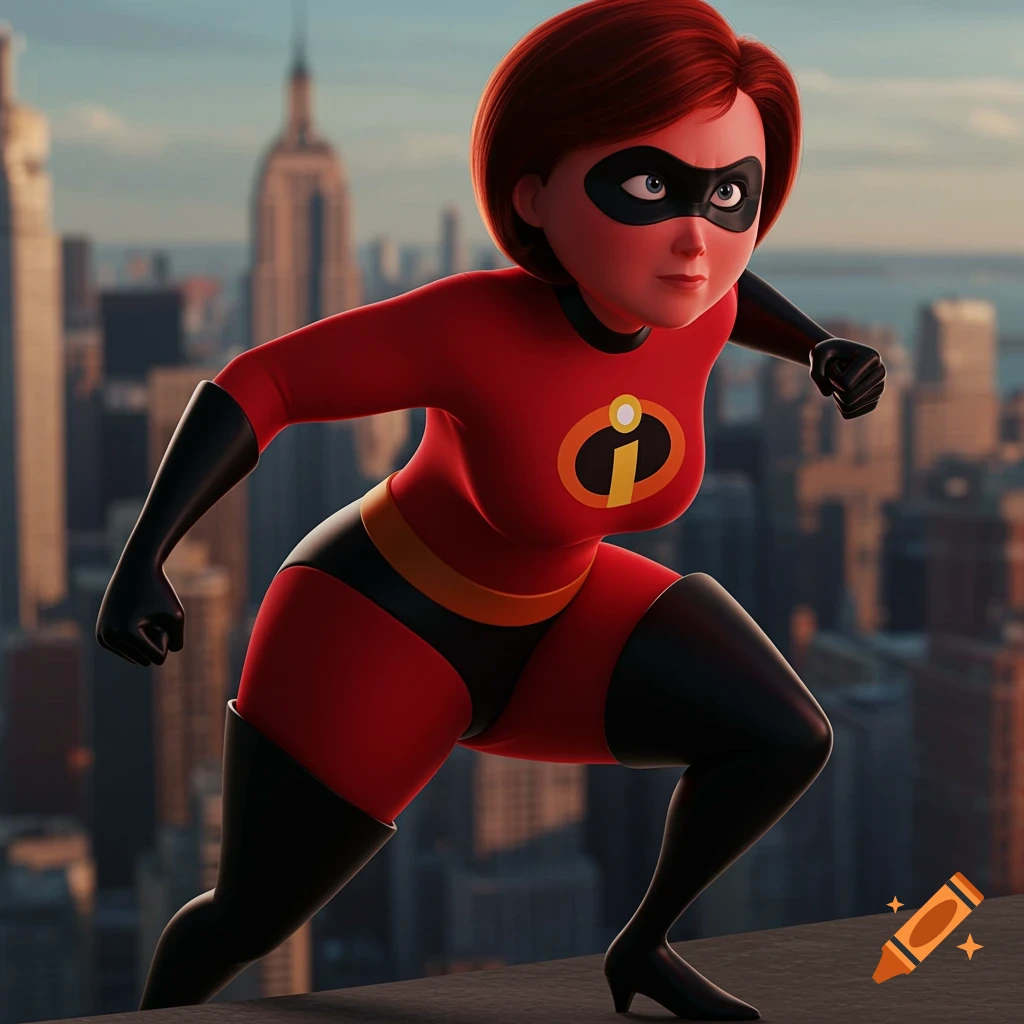 Elastigirl in red and black superhero suit poses on a city rooftop on Craiyon
