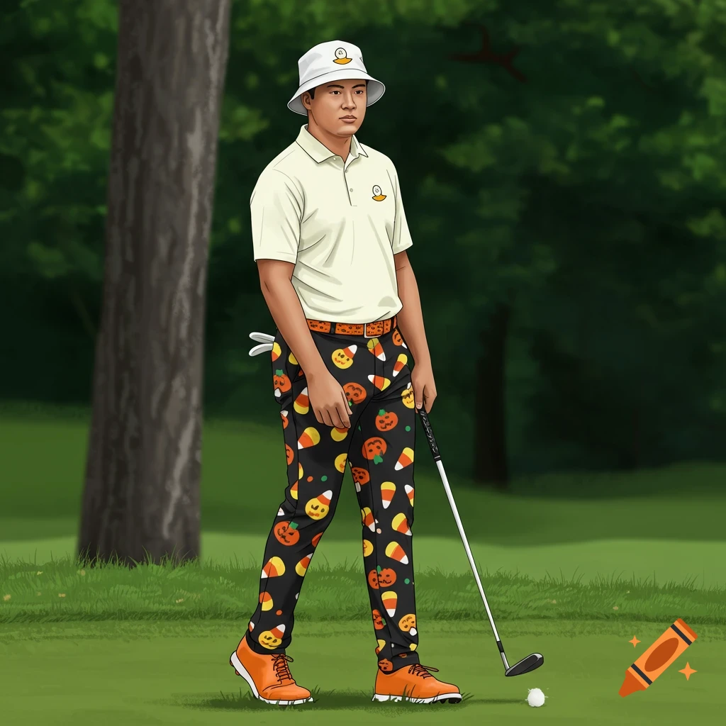 Golfer in cream shirt, candy corn pants, and lucky duck hat on green on ...