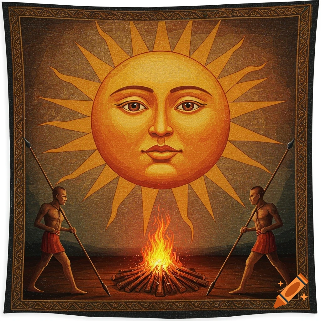 Stylized painting of a sun with a face above a bonfire, flanked by two ...