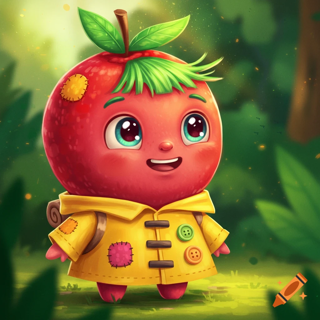 Cute cartoon apple character in a yellow jacket standing in a forest on ...