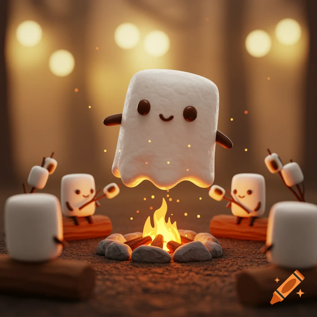 3D marshmallow ghost near campfire with marshmallow people on Craiyon