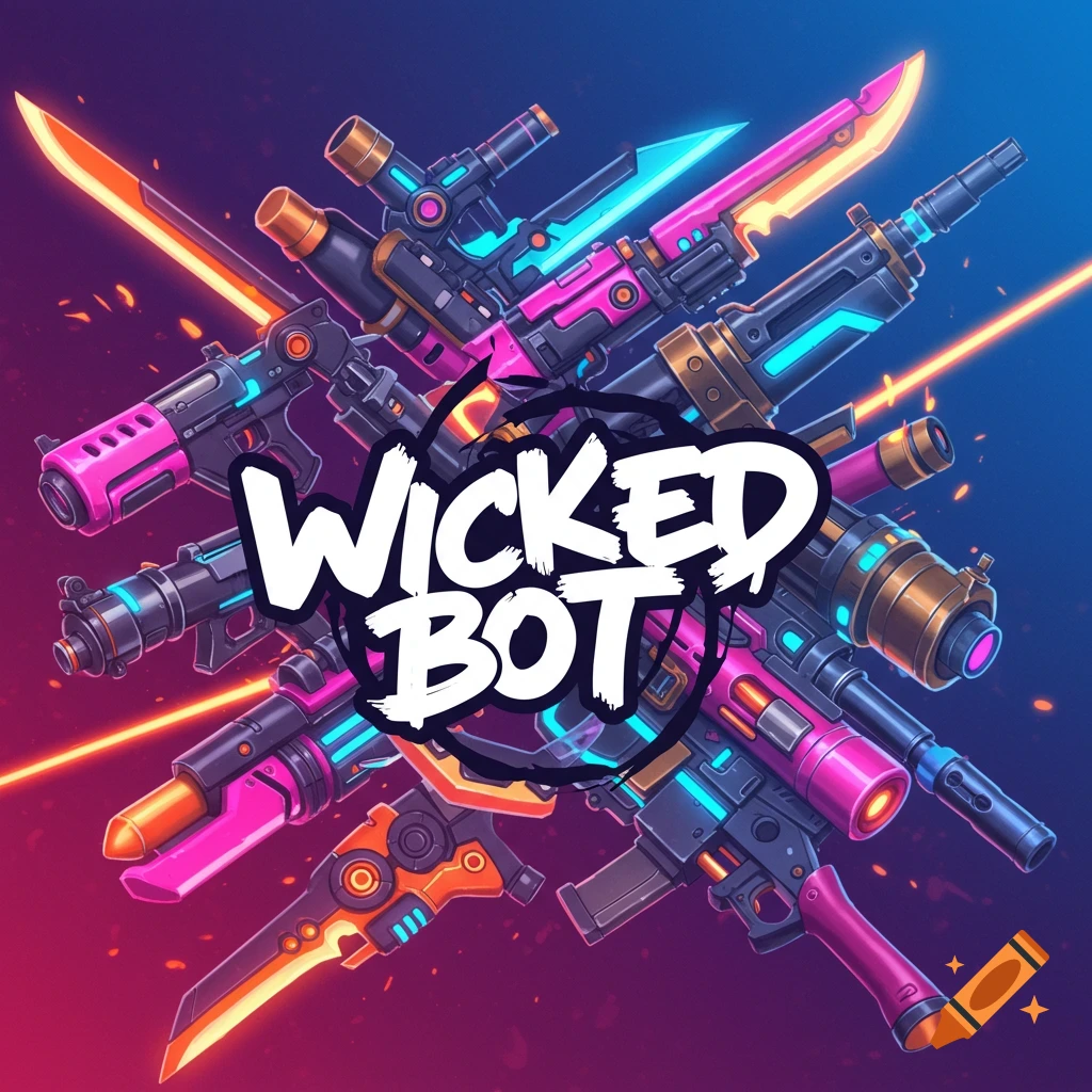 Wicked Bot mobile war game profile picture with weapons on Craiyon