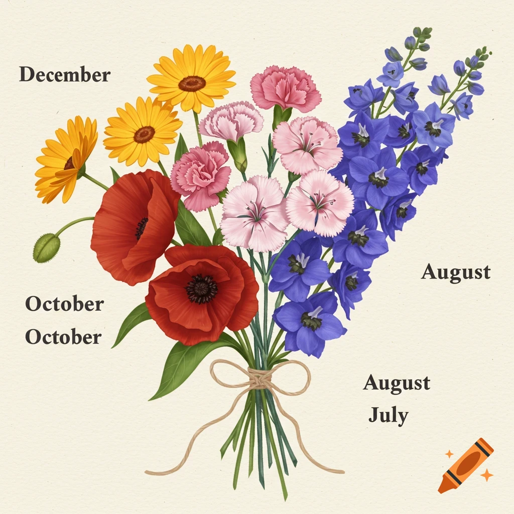 Flower bouquet with December, October, August, and July birth flowers ...