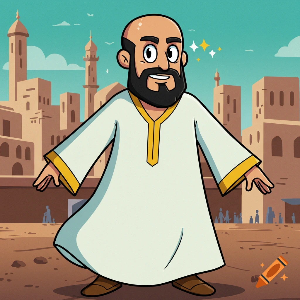 Arab cartoon hero Bluff Caller, bald with beard on Craiyon