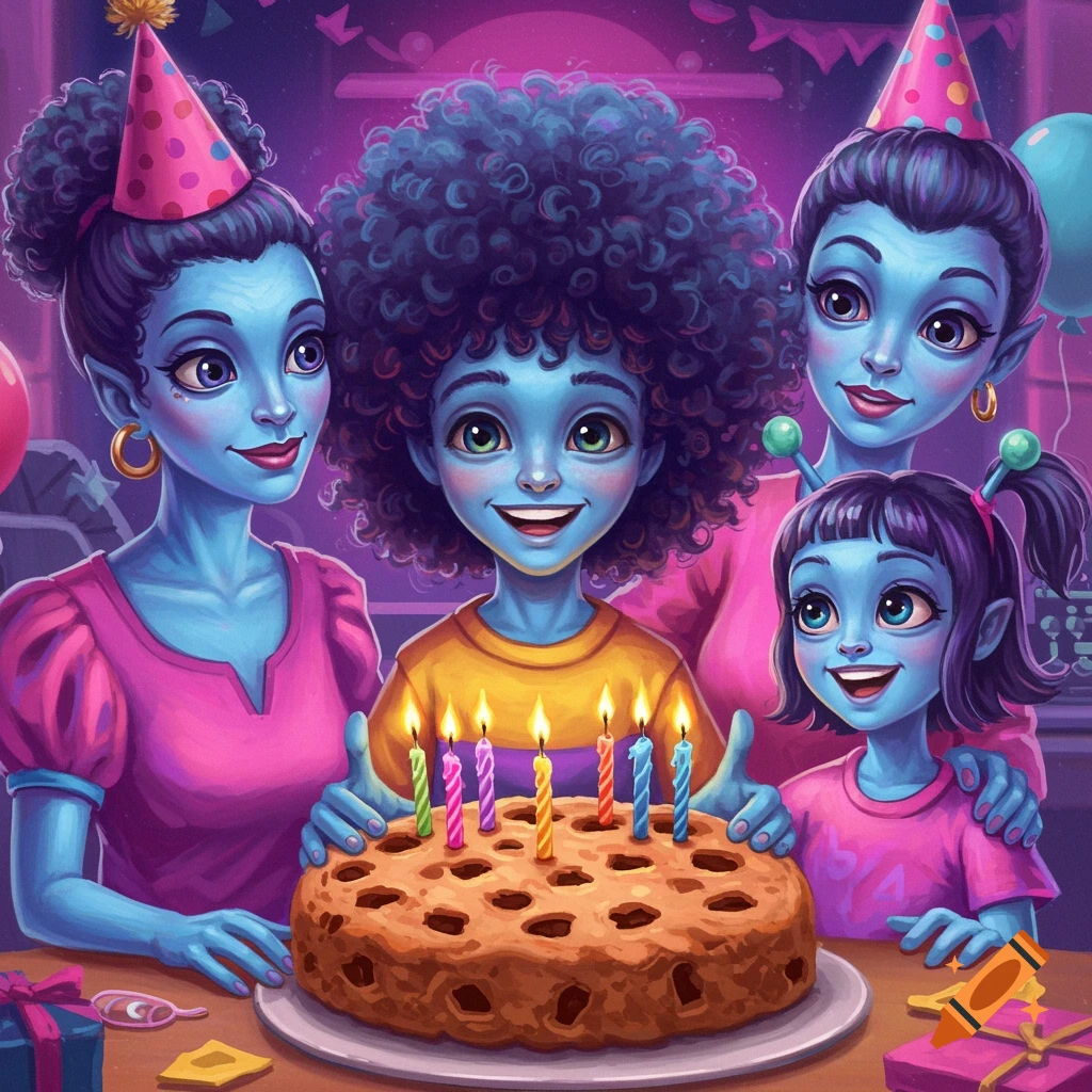 Alien birthday party with family and cookie candles on Craiyon