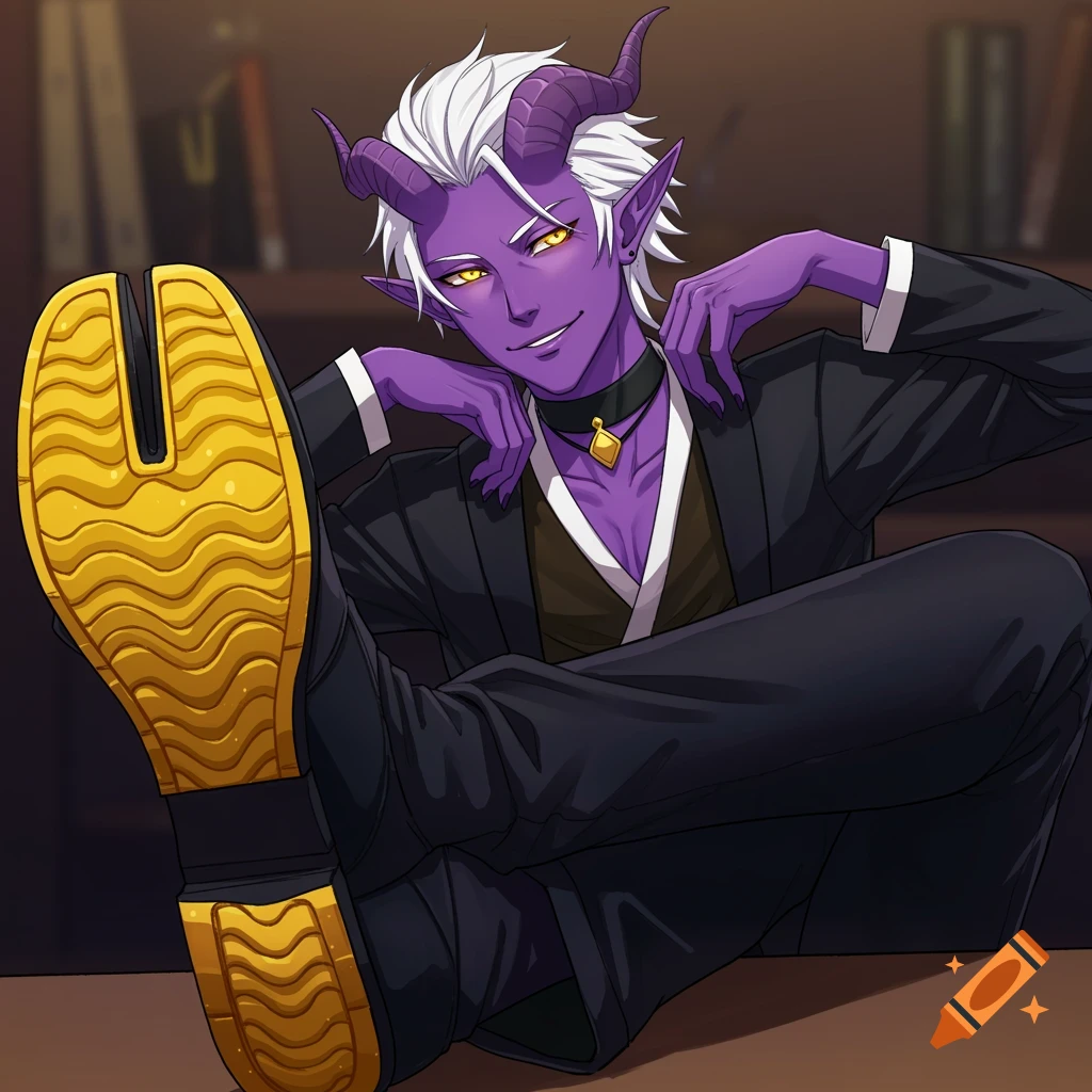 Tiefling thief with purple skin and glowing eyes wearing two-toed Jika ...