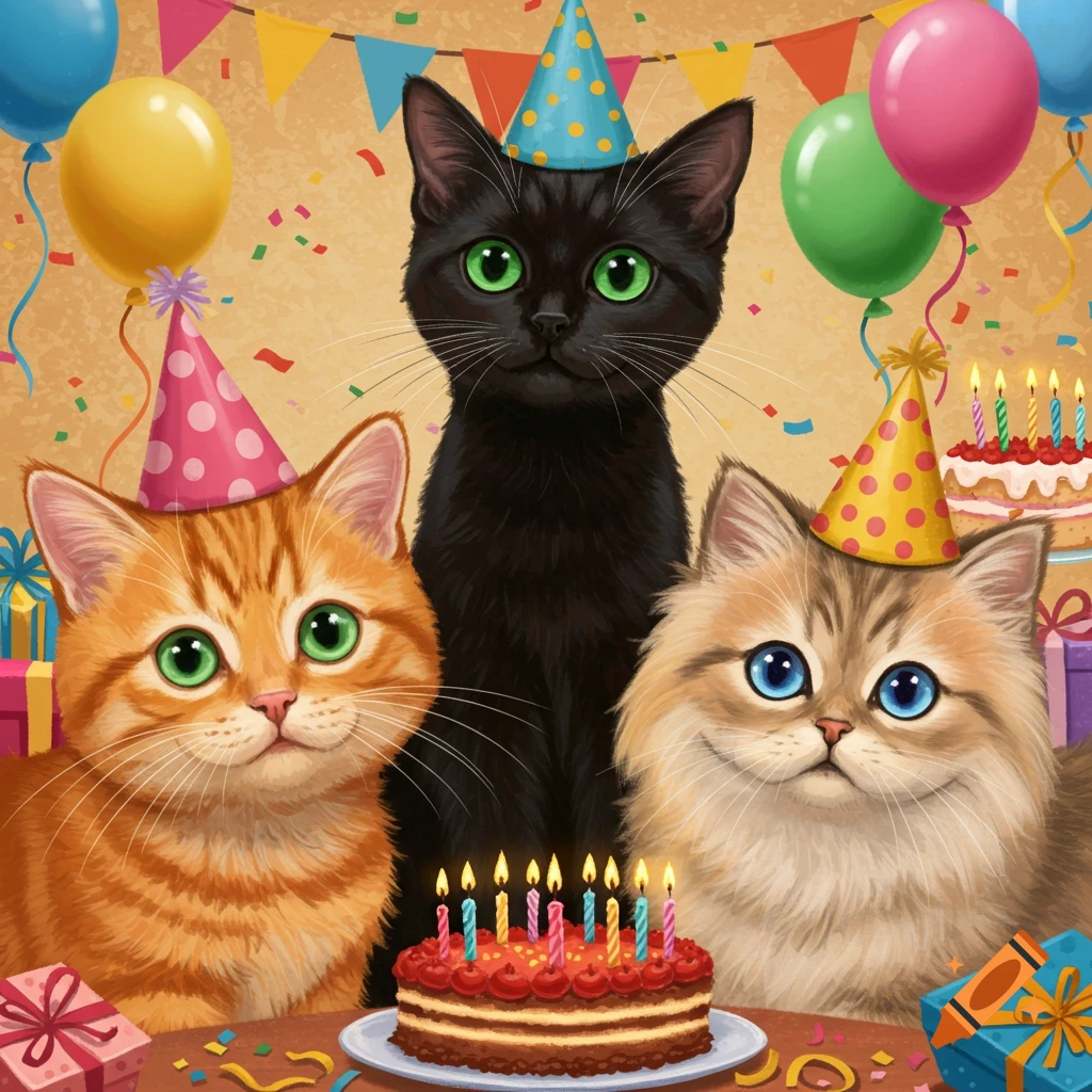 Little cats playing around with a birthday party poster on Craiyon