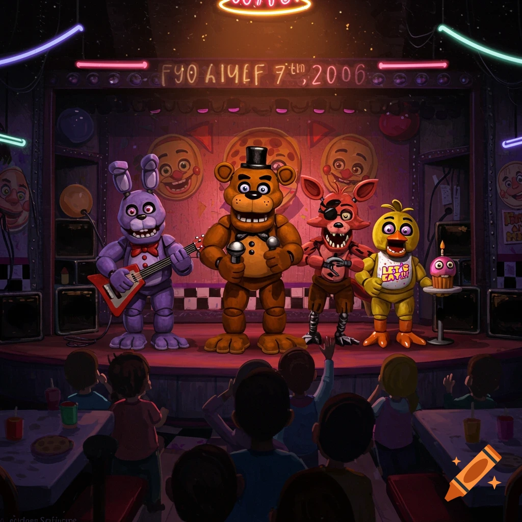 Three animatronics perform on a stage in a party room with balloons. on ...