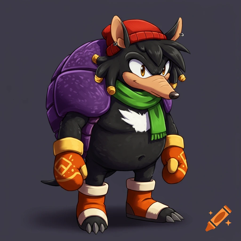 Sonic OC armadillo with black fur, purple shell, green scarf, and red ...