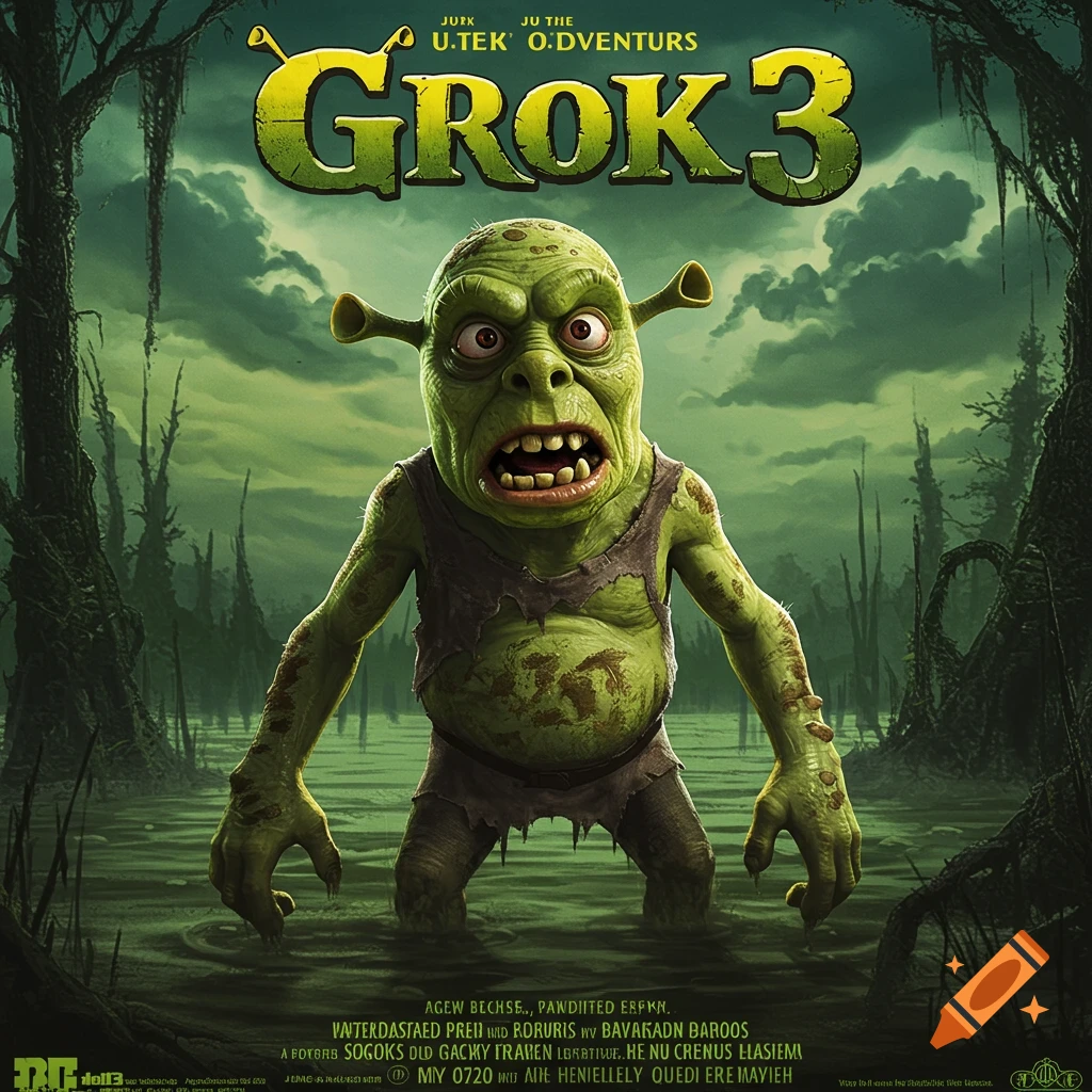 Promotional poster for Grok 3, a Shrek parody on Craiyon