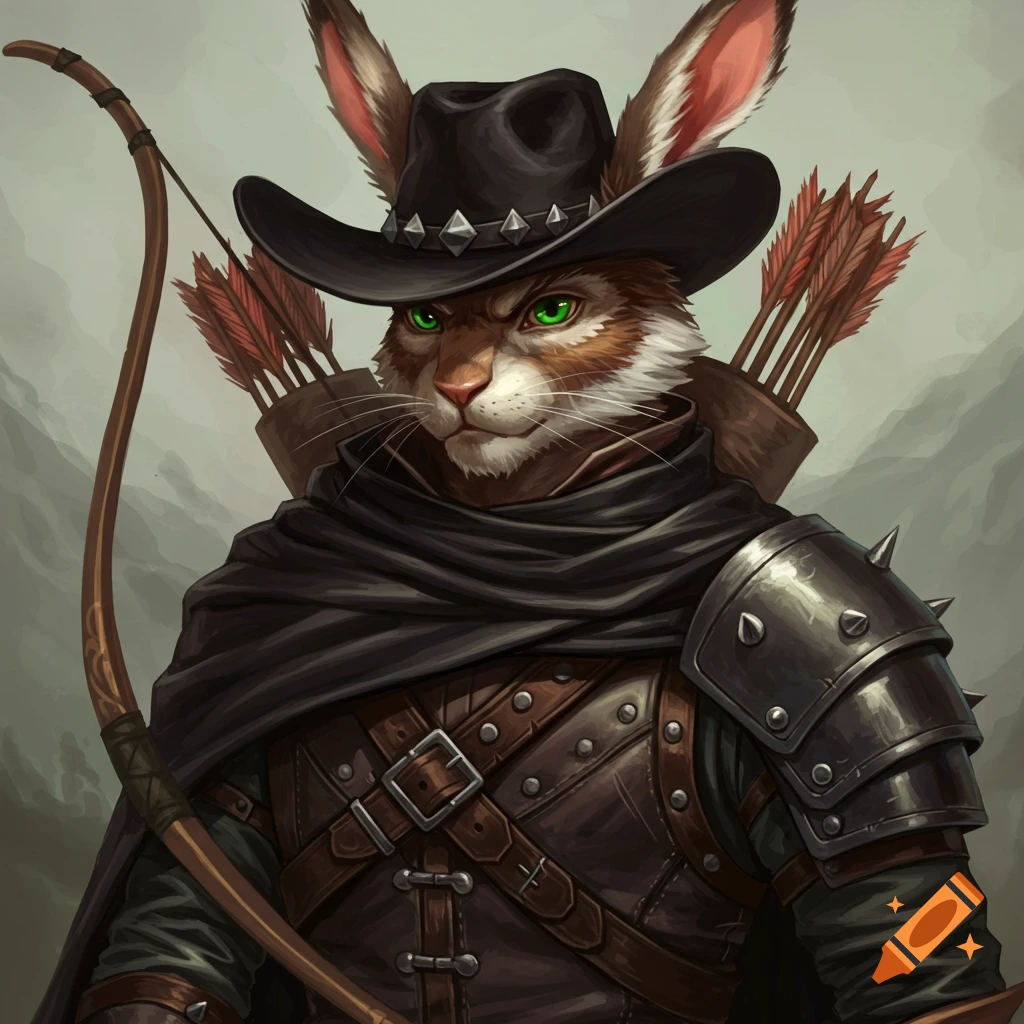 Rabbitfolk ranger in studded leather armor and cowboy hat on Craiyon