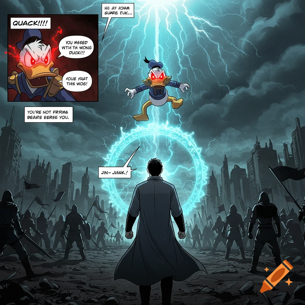 Donald Duck in armor confronts Sung Jin-Woo in a war-torn city on Craiyon