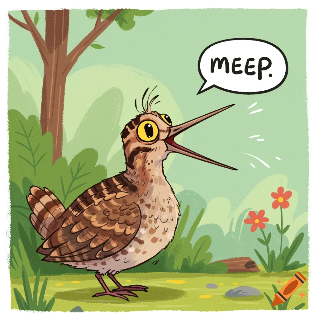 Cartoon American woodcock with speech bubble saying 'meep' on Craiyon