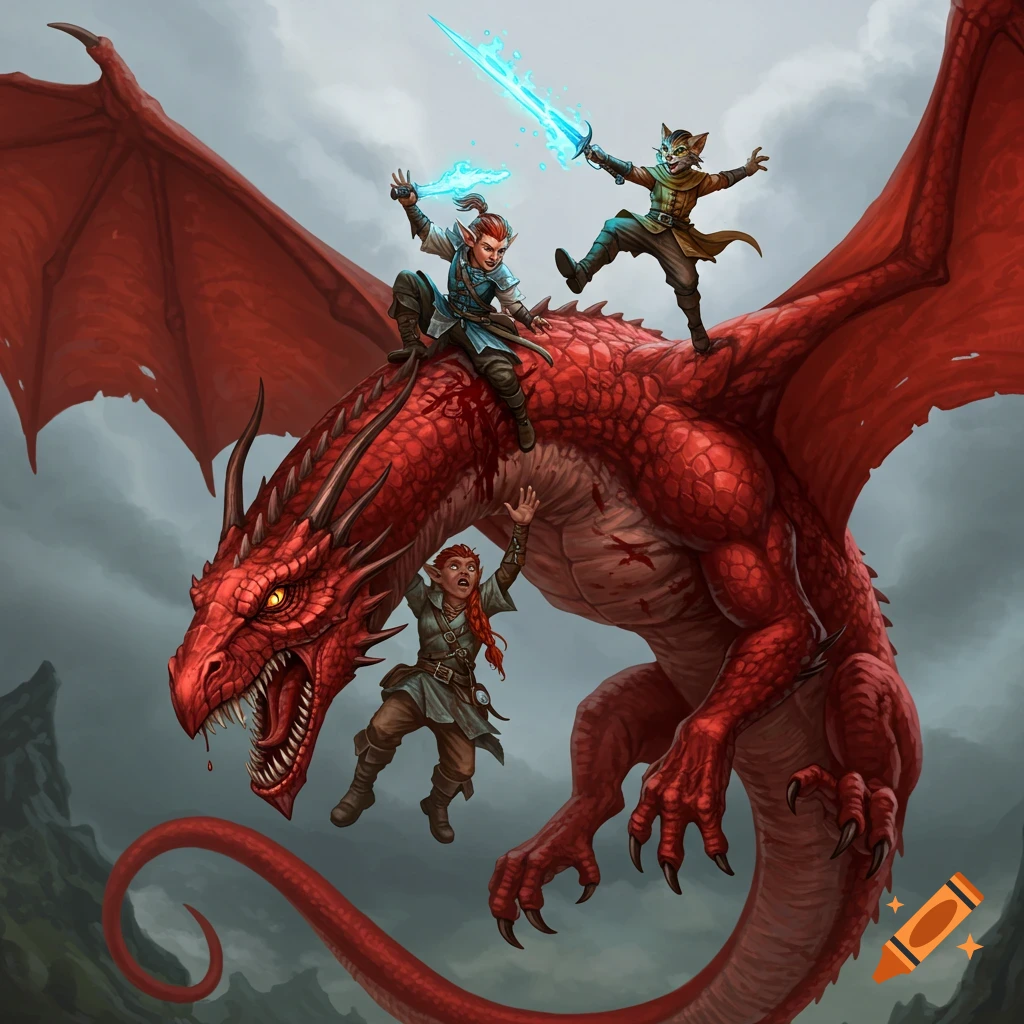 Red dragon with halfling and cat person on Craiyon