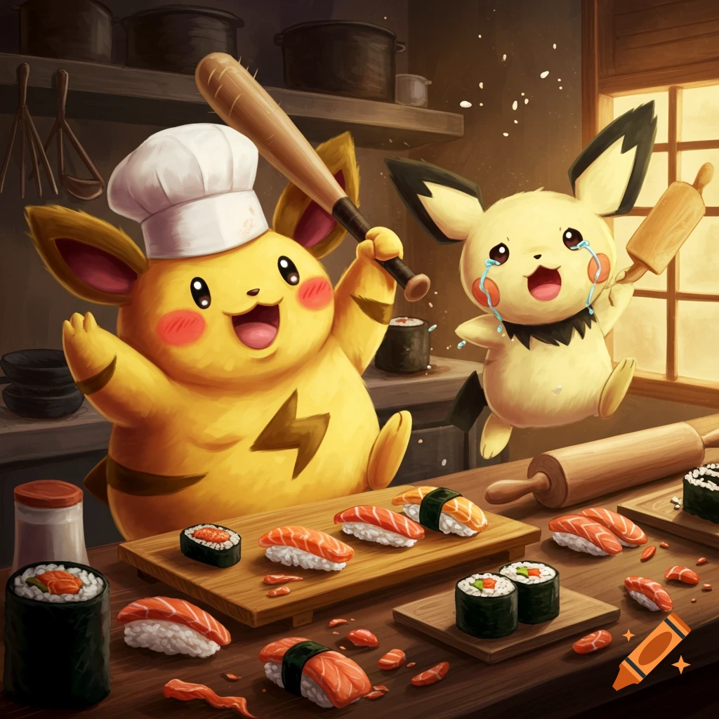 Pikachu-inspired chef with sushi and Pichu creature in chaotic kitchen ...