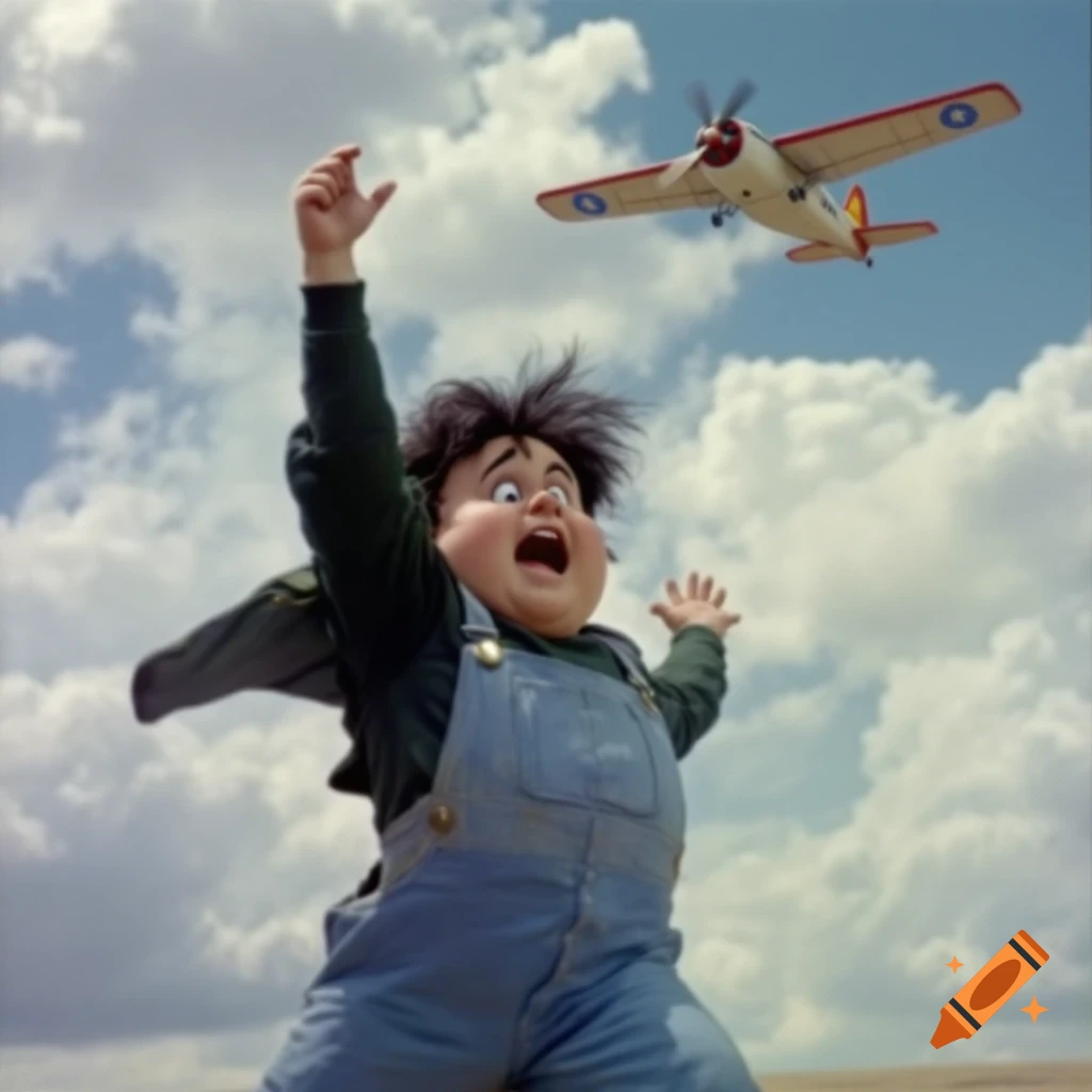 A frightened cartoon character looks up at a small airplane flying ...