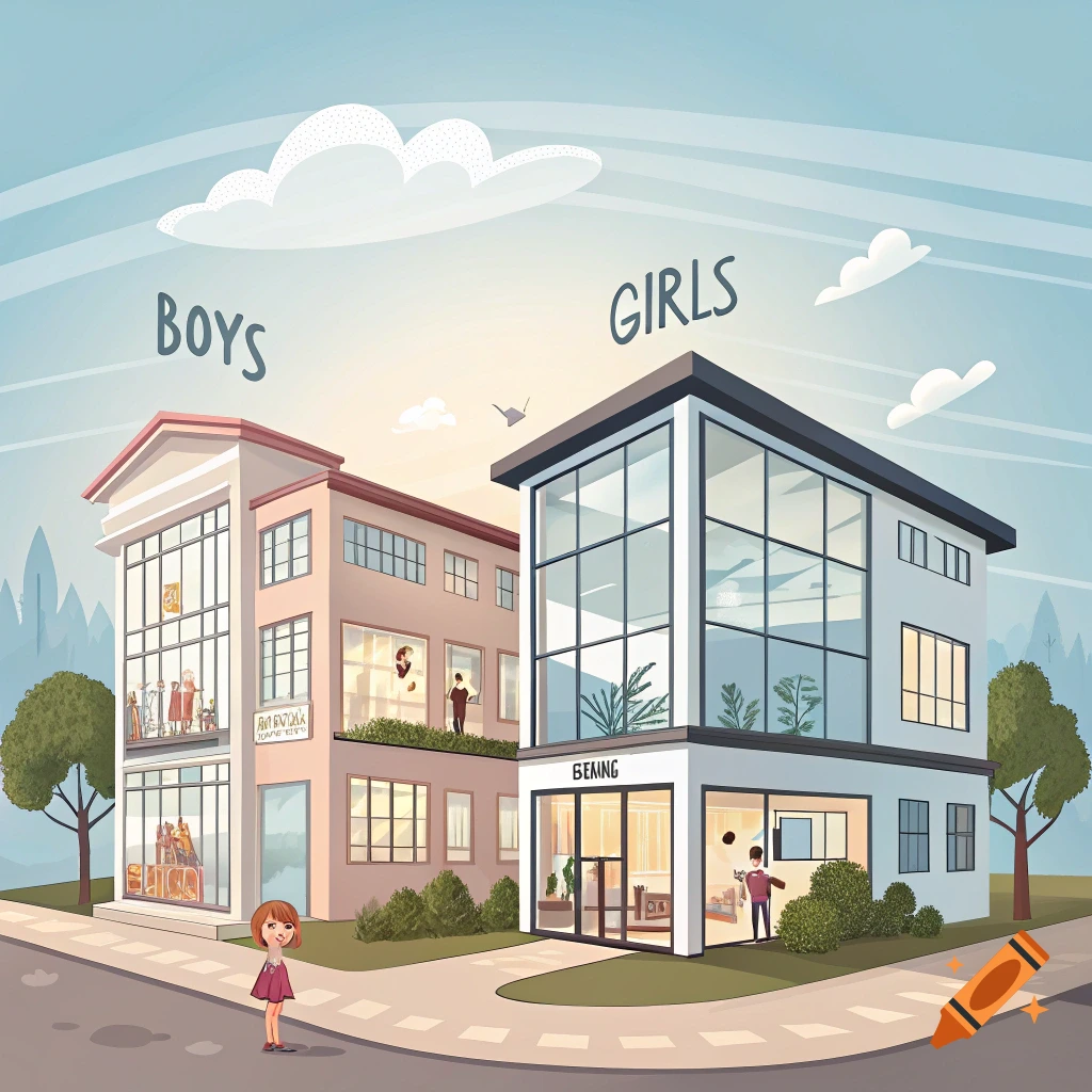 Cartoon illustration of buildings labeled BOYS and GIRLS with a girl ...