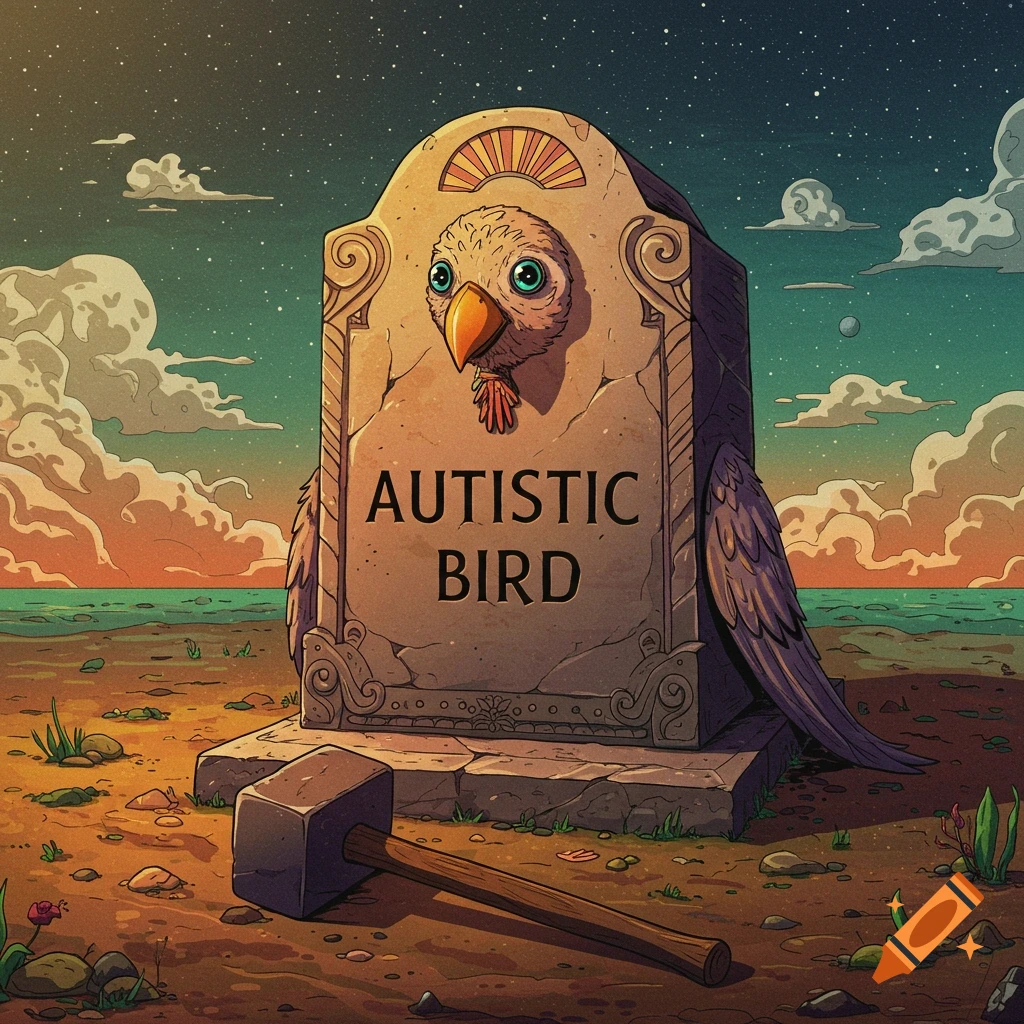 A tombstone saying 'AUTISTIC BIRD' with a hammer, under a starry sunset ...