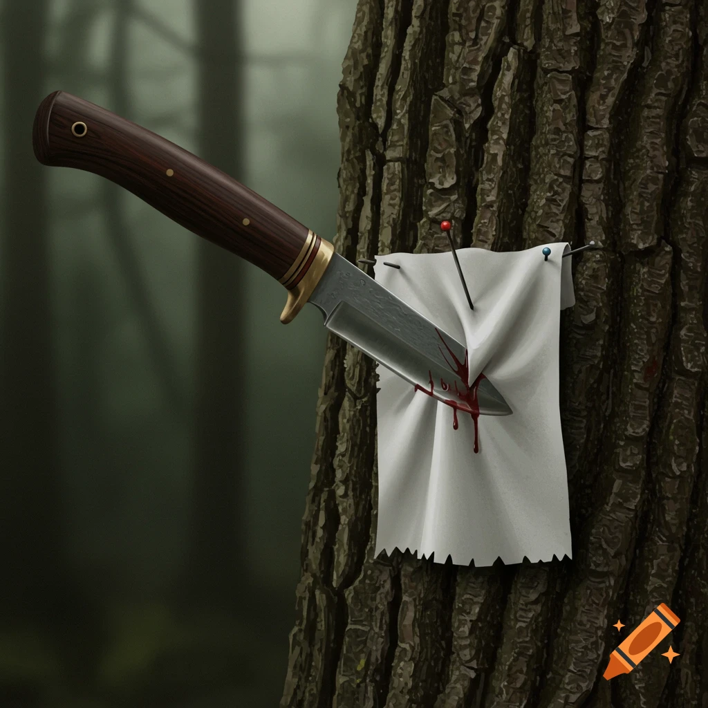 Hunting knife stabbing white cloth into tree. on Craiyon