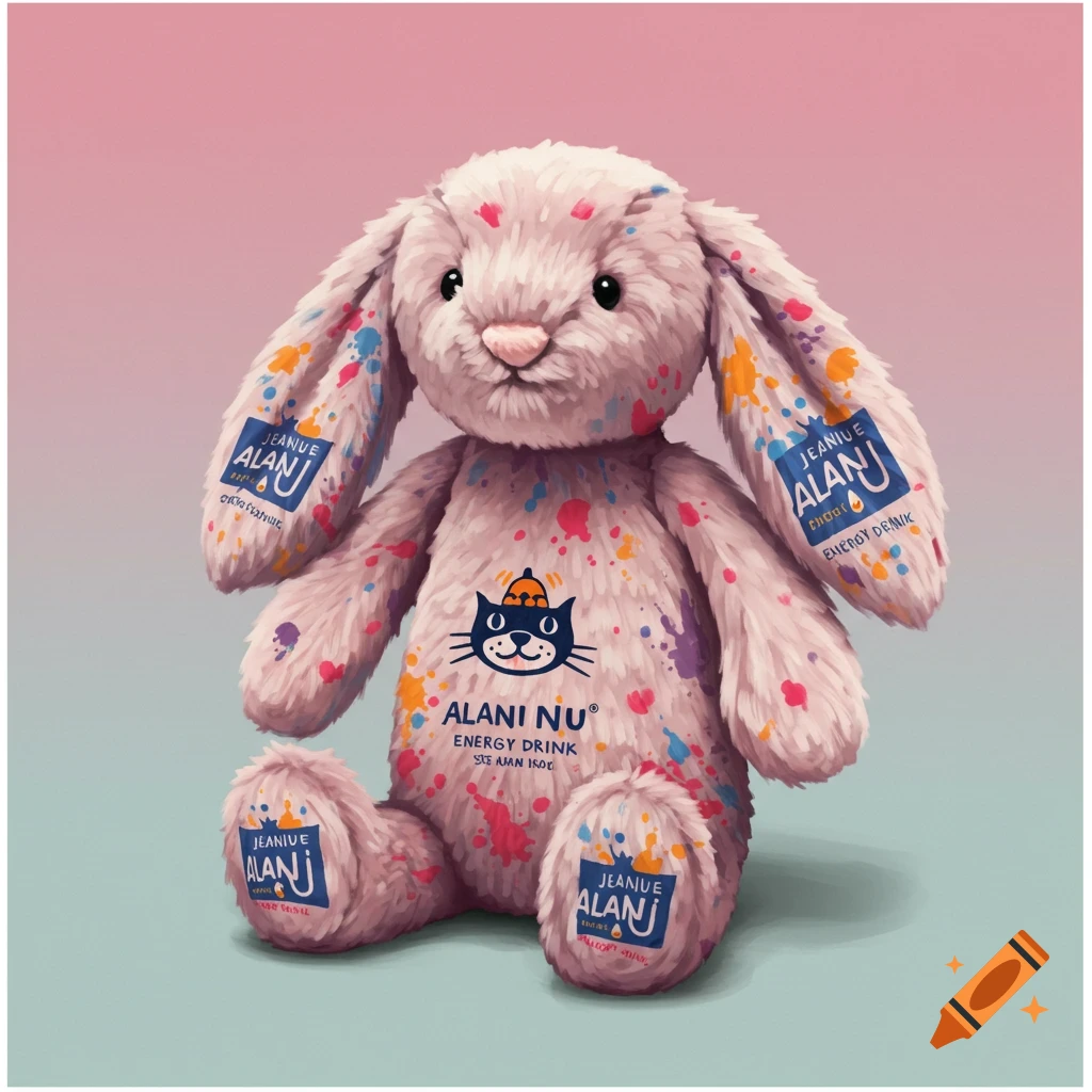A pink stuffed bunny covered in colorful paint splatters with labels ...