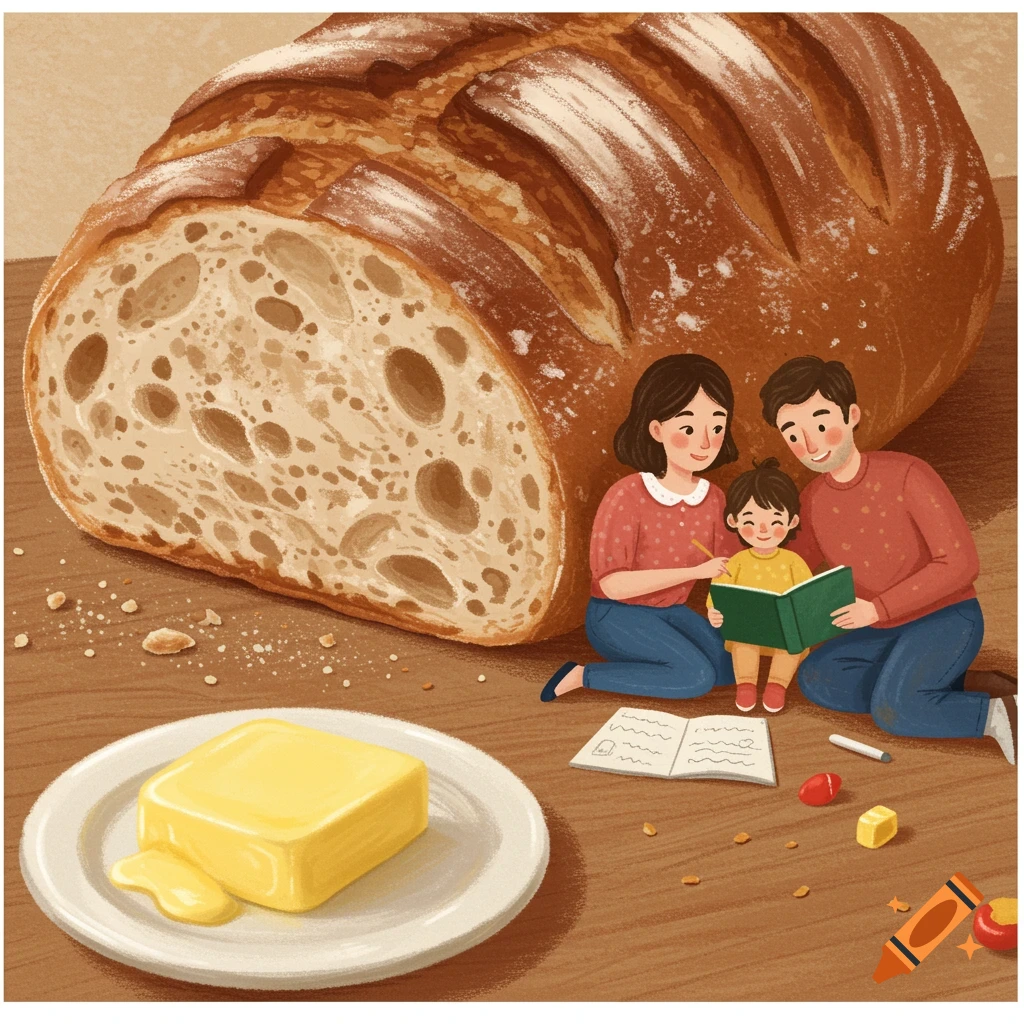 Whimsical image of a family reading near a large loaf of sourdough ...
