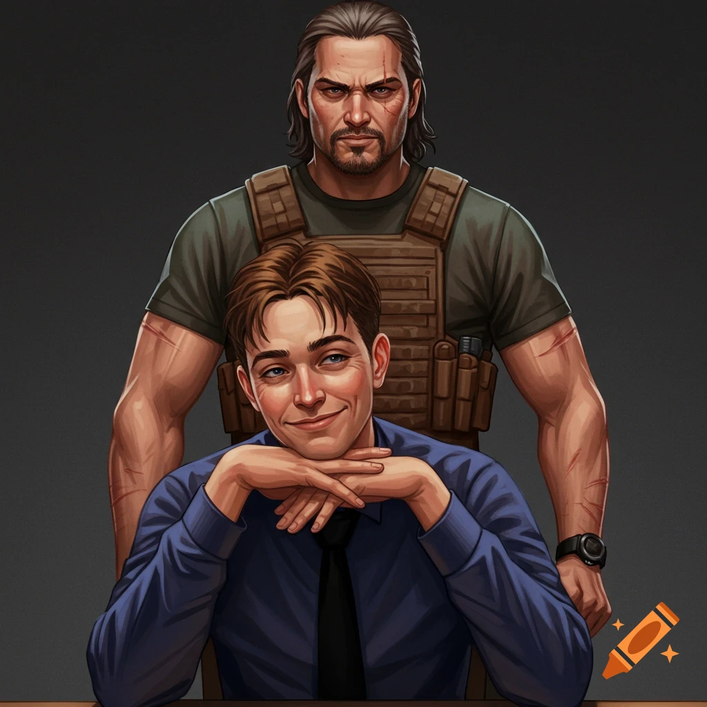 Two men, one a smirking frat boy, the other an intimidating bodyguard ...