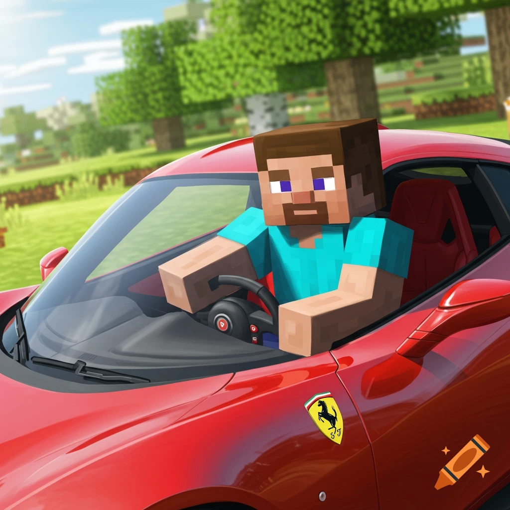 Minecraft Steve driving a Ferrari on Craiyon