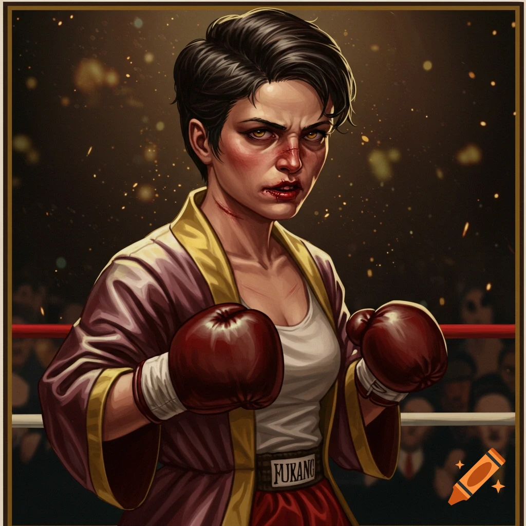 Short female 1920s boxer with a busted lip and facial scar on Craiyon