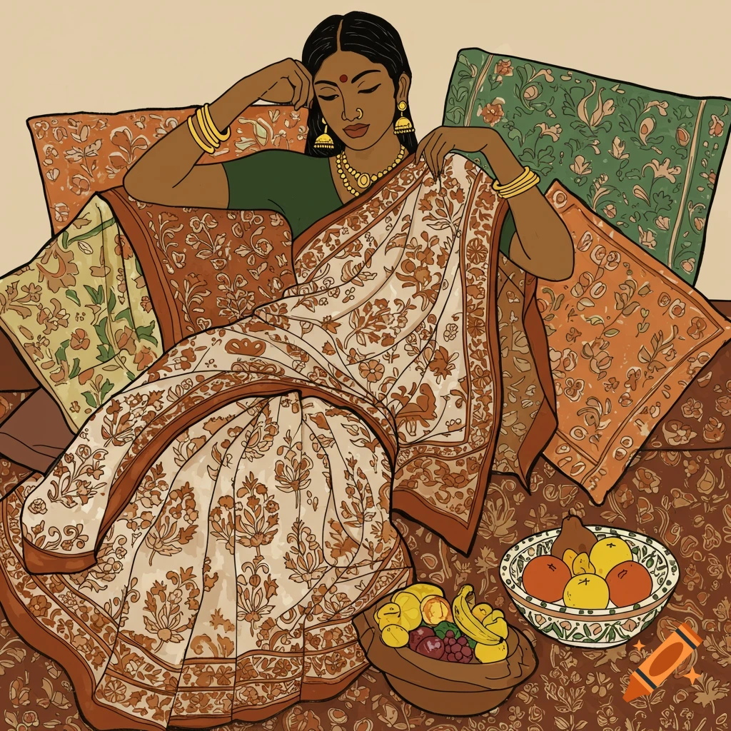 Four vertical panels depicting Indian culture: a market, a temple, a ...