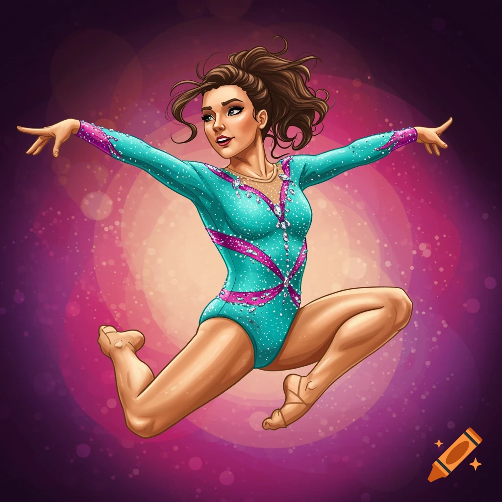 Illustrative portrait of a woman gymnast mid-leap in a turquoise ...