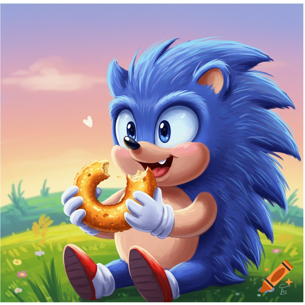 A cartoon blue hedgehog (Sonic) sitting in a field and eating an onion ring. on Craiyon