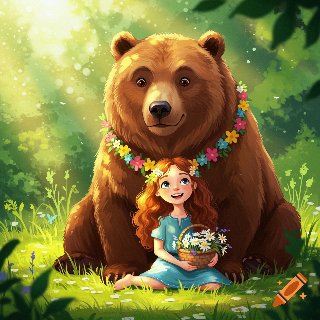 Illustration of a little girl hugging a large grizzly bear in a sunny ...