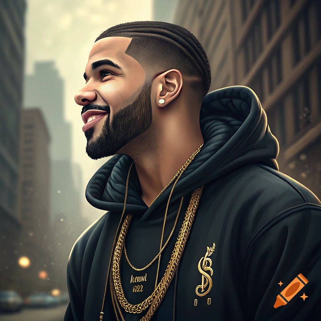 Man resembling Drake in a black hoodie and gold chains smiling in an ...