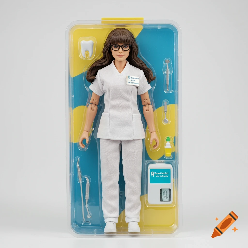 Action figure of a female dental hygienist in toy box with glasses and ...