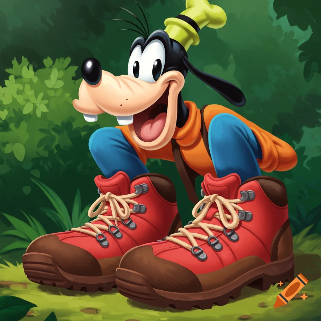 Goofy hiking in a forest wearing large red boots, cartoon style on Craiyon