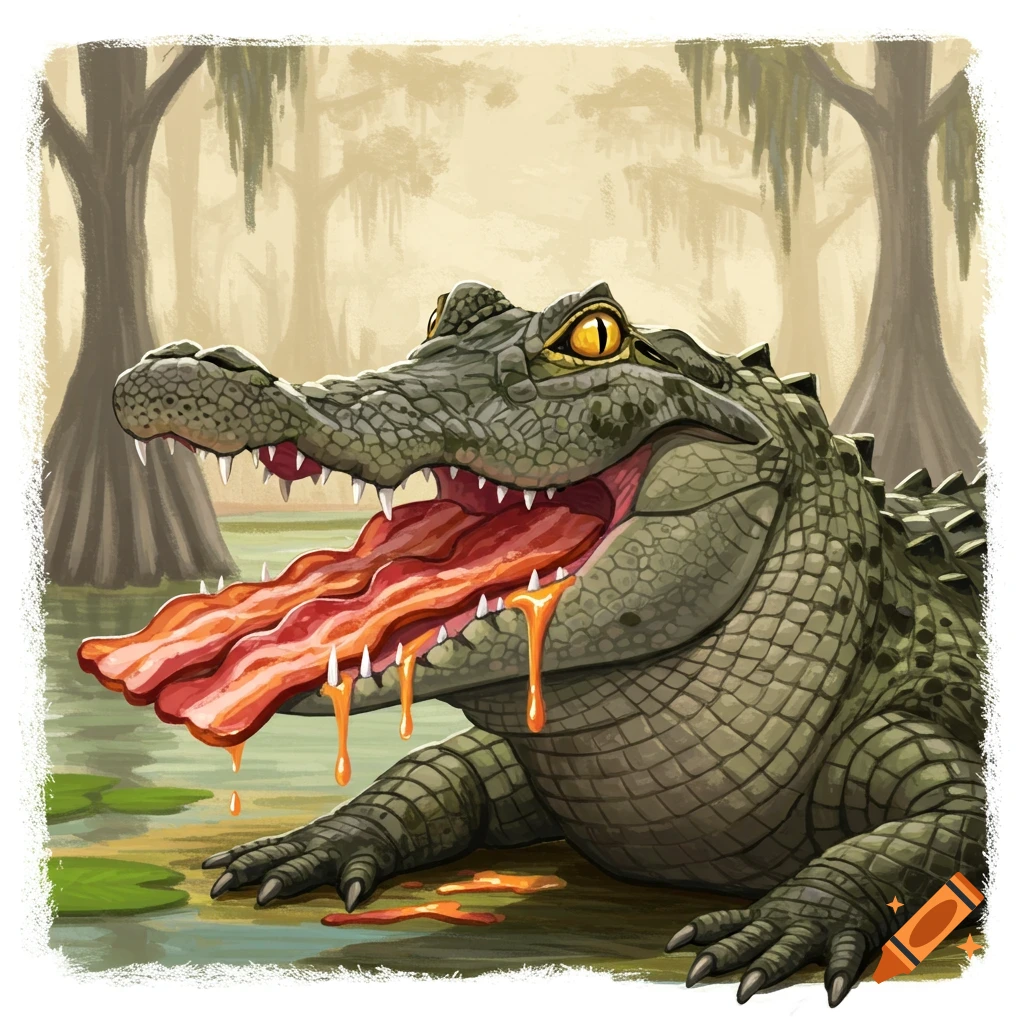 A digital painting of a crocodile carrying a large brass horn ...
