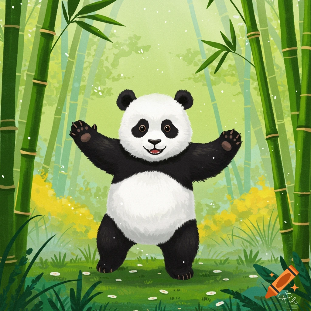 A cute cartoon panda stands with arms outstretched in a lush bamboo forest. on Craiyon