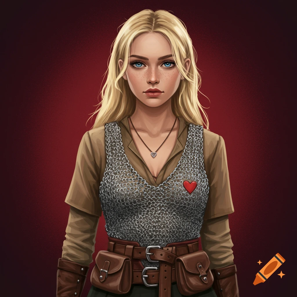 Blonde girl with blue eyes, leather top, chain-mail vest with heart on ...