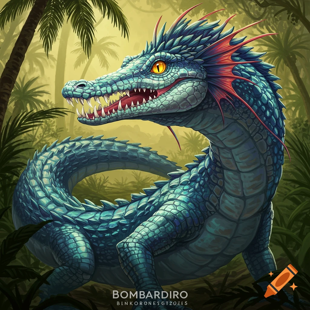 Stylized image of a blue crocodile-dragon in a jungle setting. on Craiyon