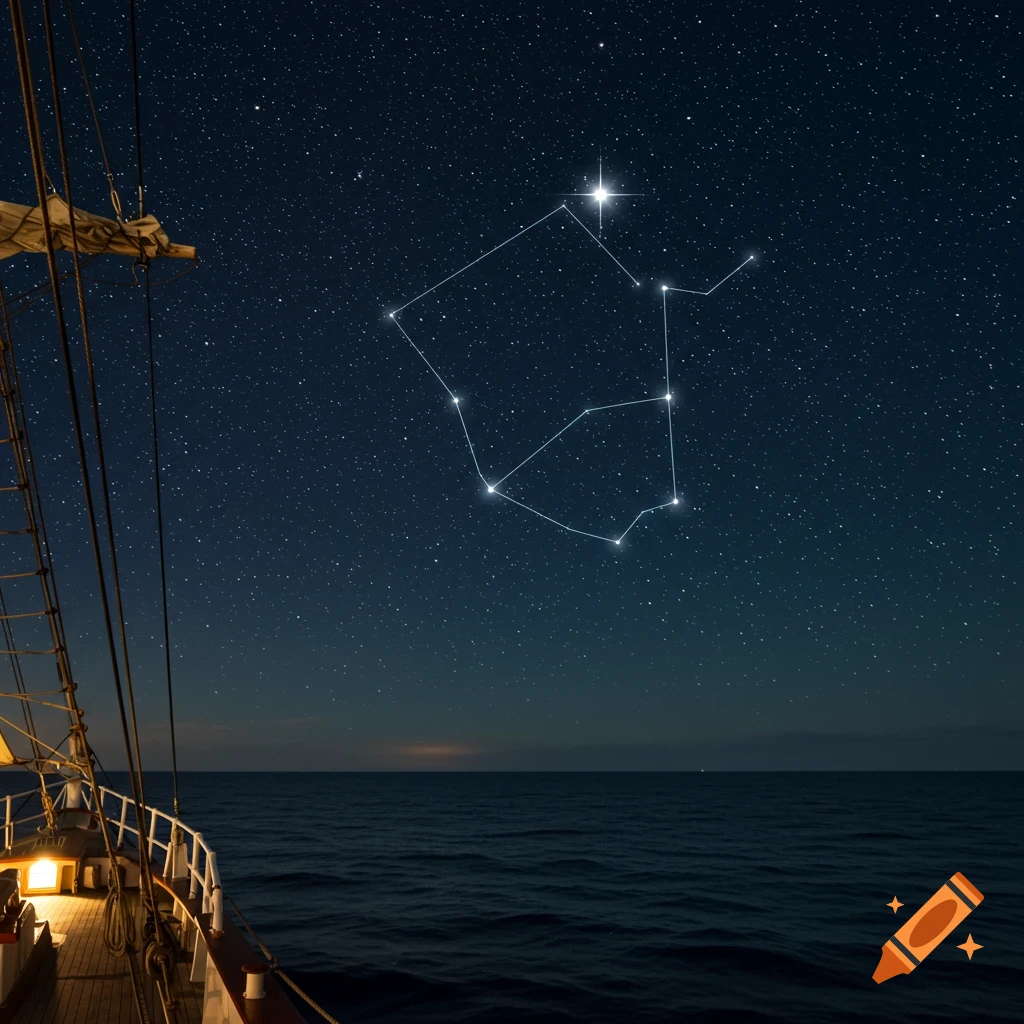 Ursa Major constellation outlined with bear above ship at sea on Craiyon